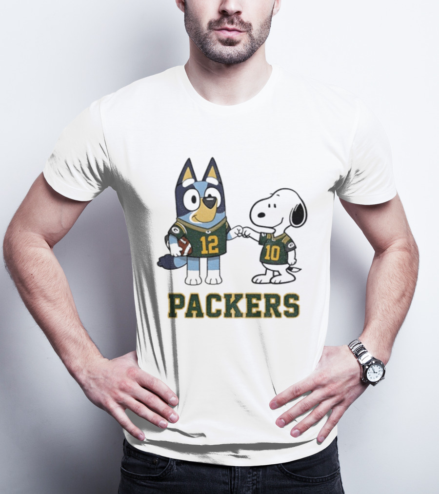 Bluey Snoopy Packers Football Friends Wearing 12 And 10 Jerseys T-Shirt