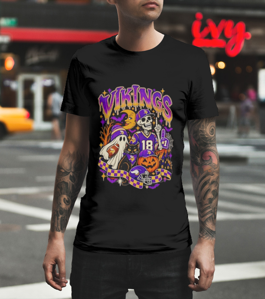 Vikings Halloween Skeleton Football 18 With Ghost Cat And Pumpkins T-Shirt