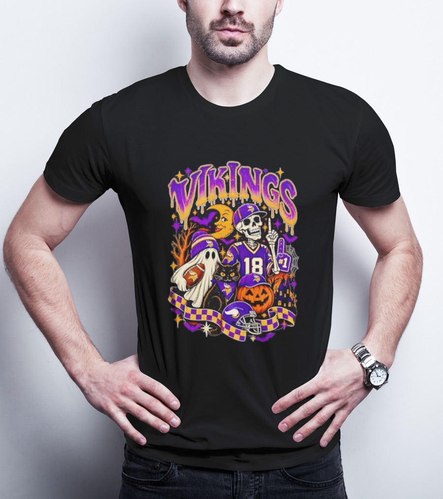 Vikings Halloween Skeleton Football 18 With Ghost Cat And Pumpkins T-Shirt