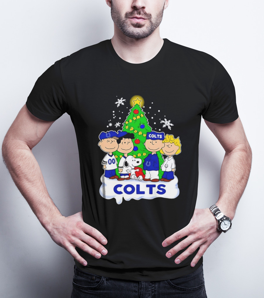 Peanuts Characters Indianapolis Colts Christmas Tree Snoopy Woodstock Snowflakes T-Shirt