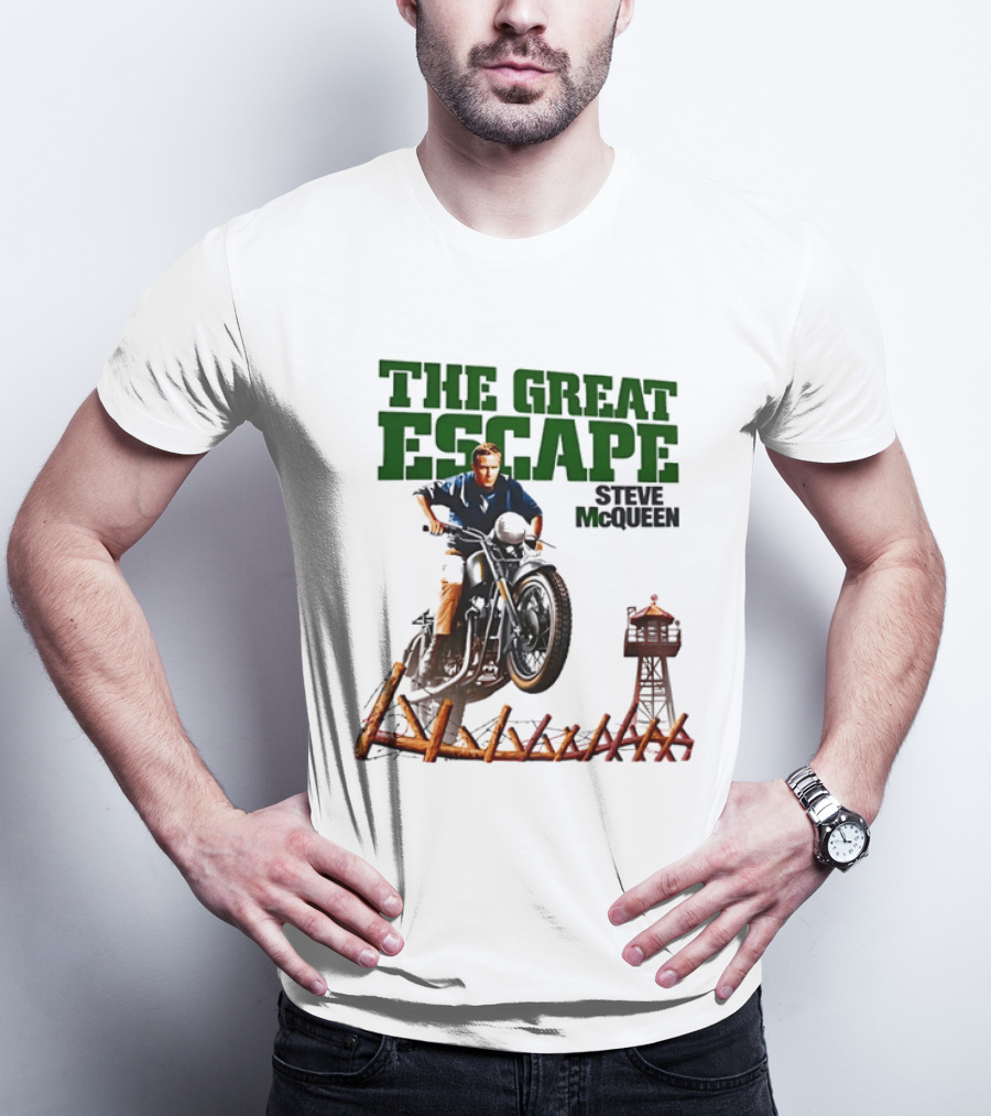 The Great Escape Steve McQueen Motorcycle Jump Classic Movie Scene T-Shirt