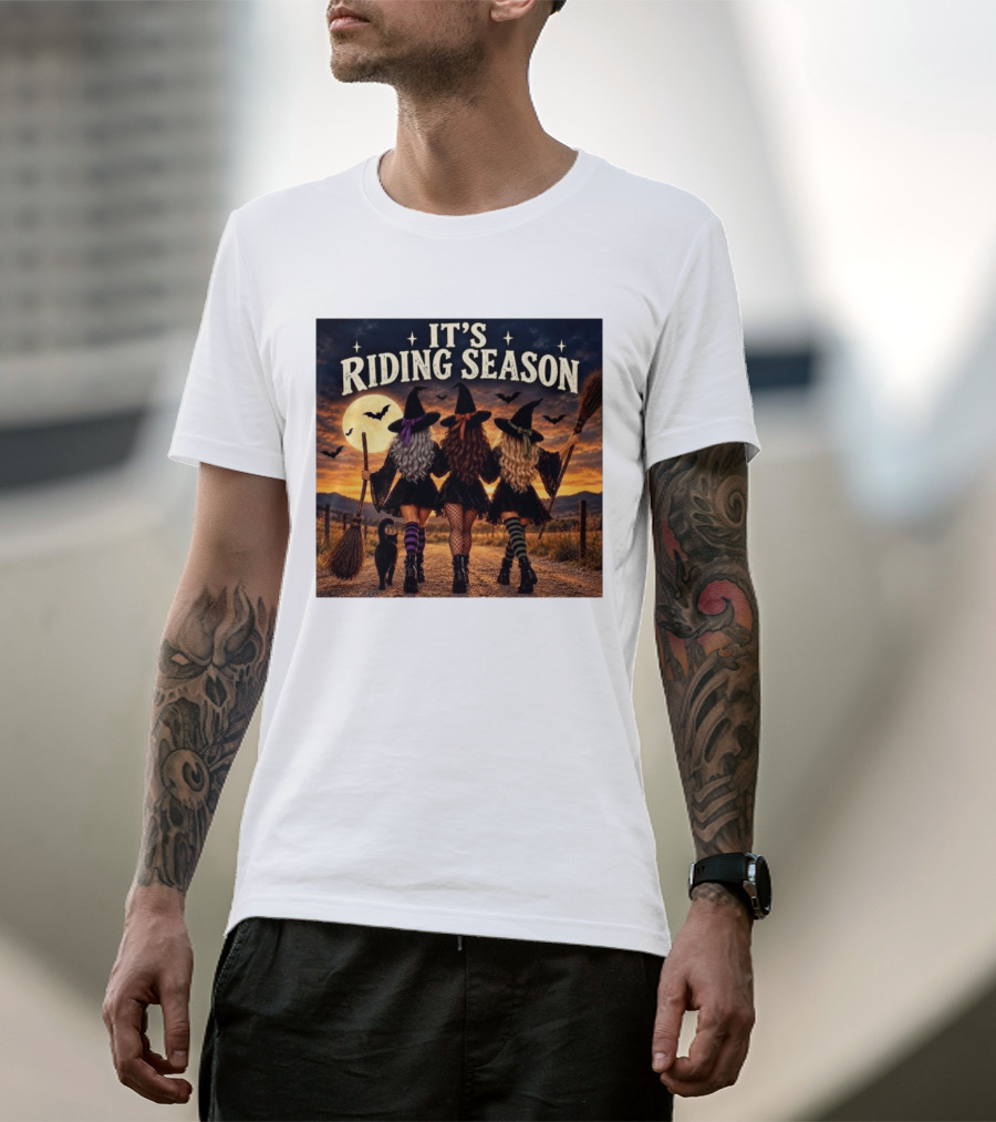 Halloween Witches With Brooms Under Full Moon And Black Cats T-Shirt