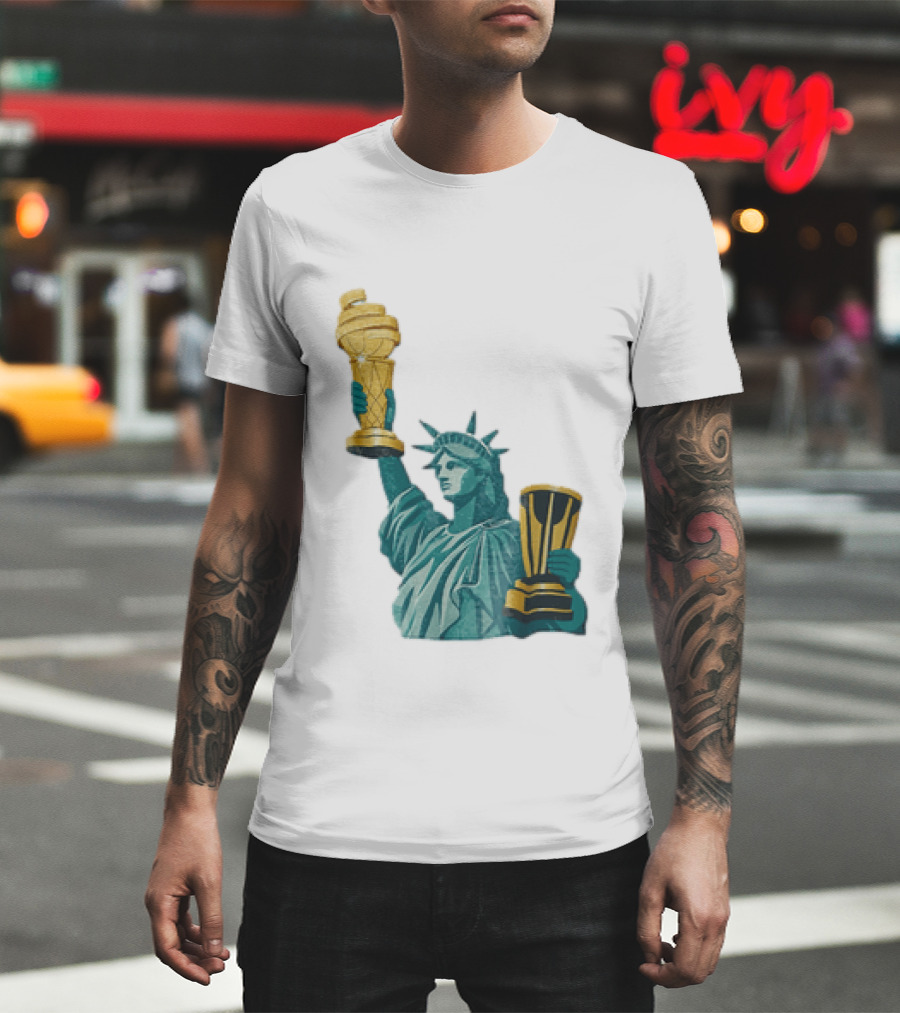 Lady Liberty Holding Dual Championship Trophies Soccer And Basketball T-Shirt