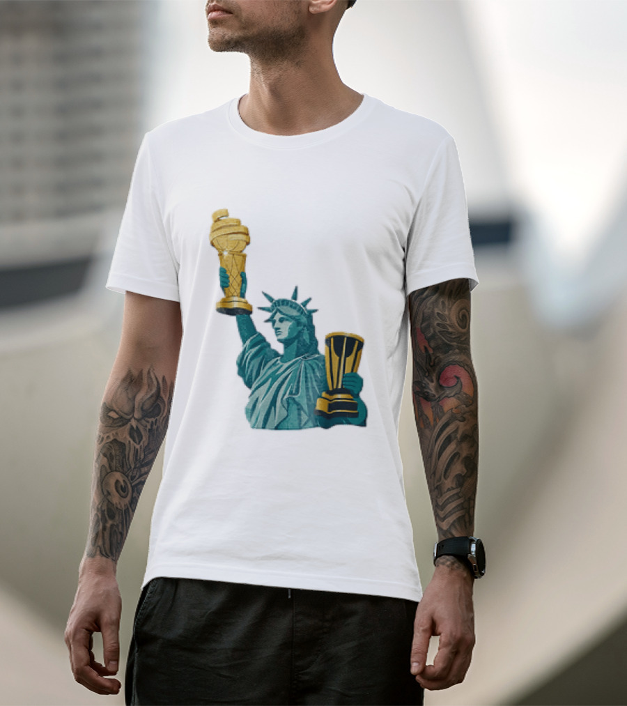 Lady Liberty Holding Dual Championship Trophies Soccer And Basketball T-Shirt