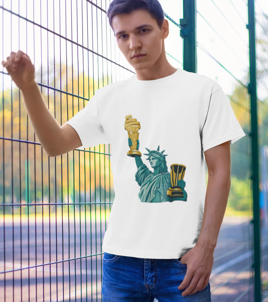 Lady Liberty Holding Dual Championship Trophies Soccer And Basketball T-Shirt