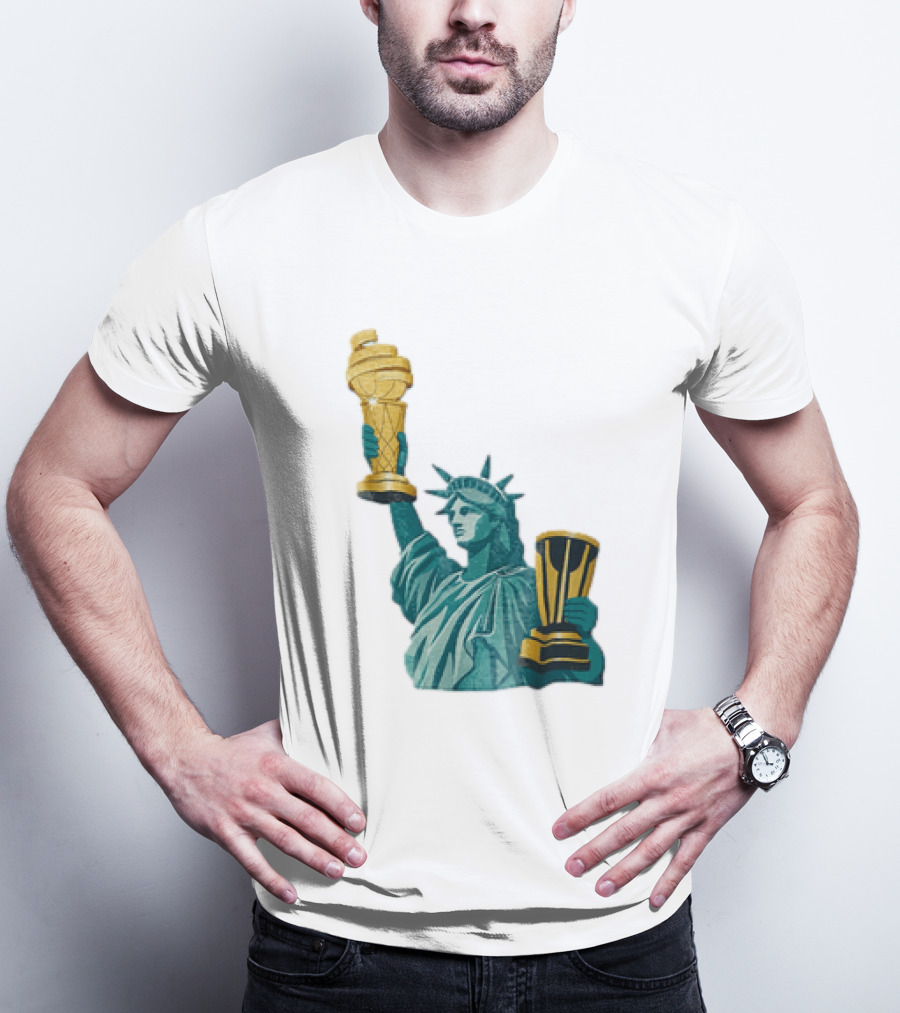 Lady Liberty Holding Dual Championship Trophies Soccer And Basketball T-Shirt