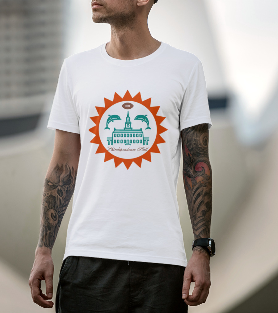 Phindependence Hall Miami Dolphins Football Emblem With Dolphins And Football Oval T-Shirt