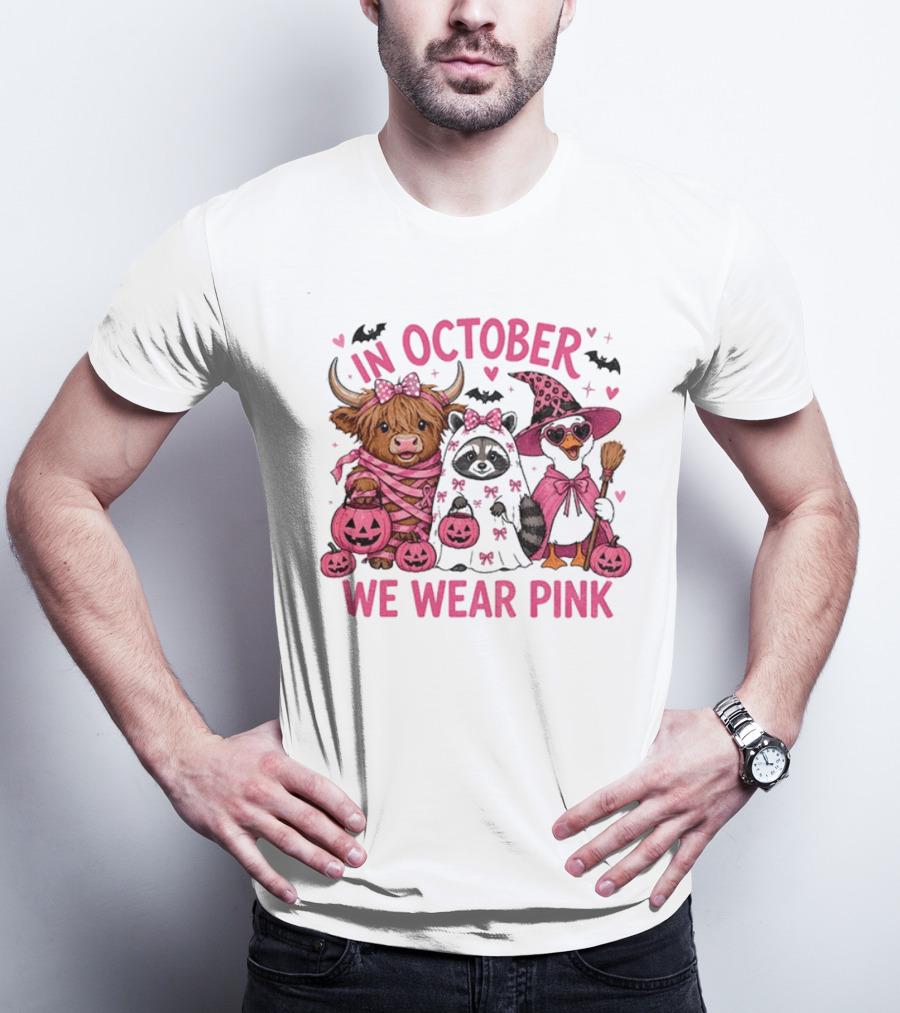 In October We Wear Pink Breast Cancer Support With Halloween Animals T-Shirt