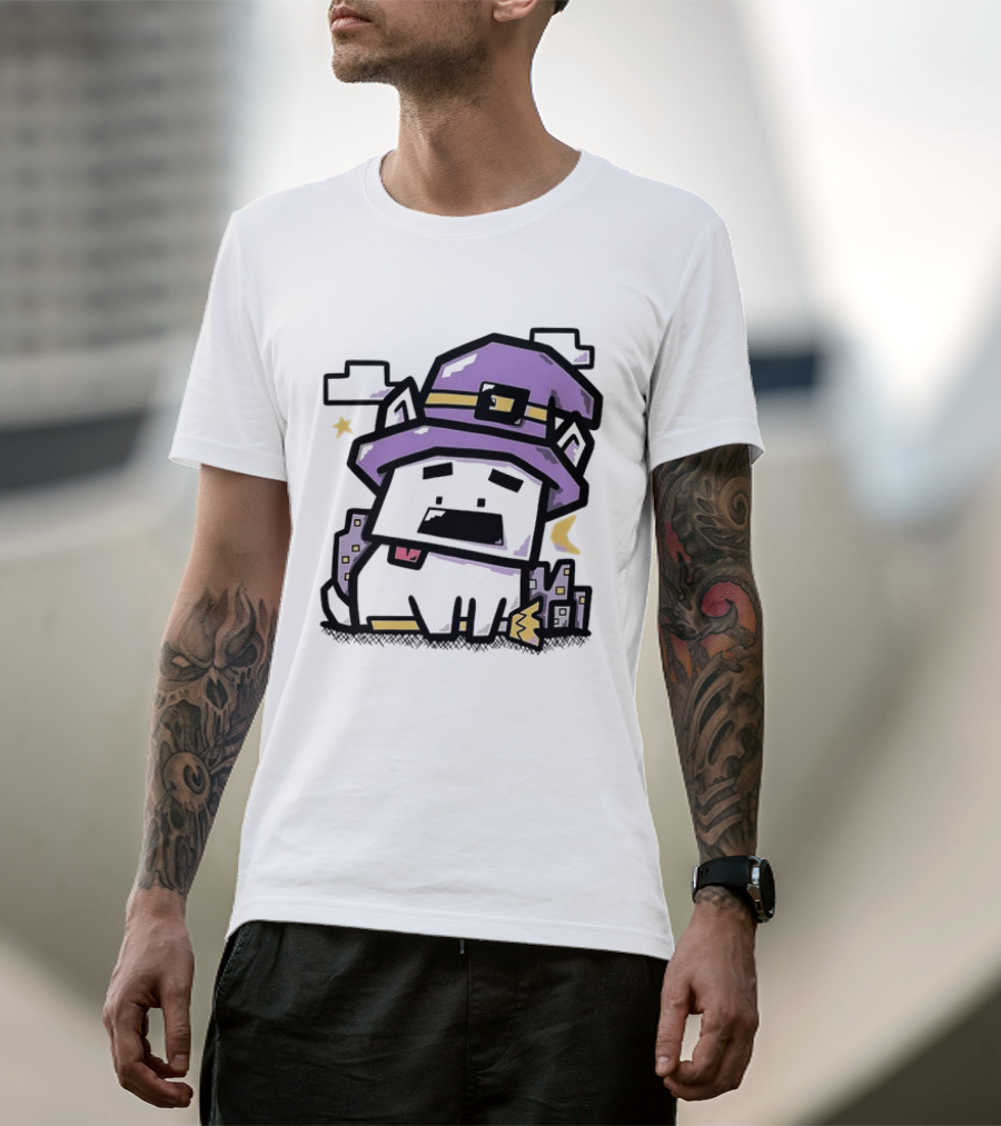 Pixel Cat Wearing Witch Hat Cute Halloween 8 Bit T-Shirt