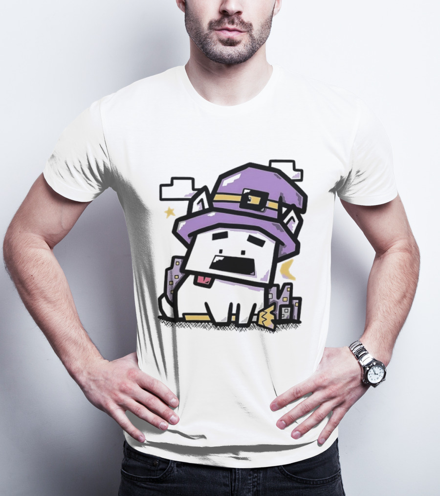 Pixel Cat Wearing Witch Hat Cute Halloween 8 Bit T-Shirt