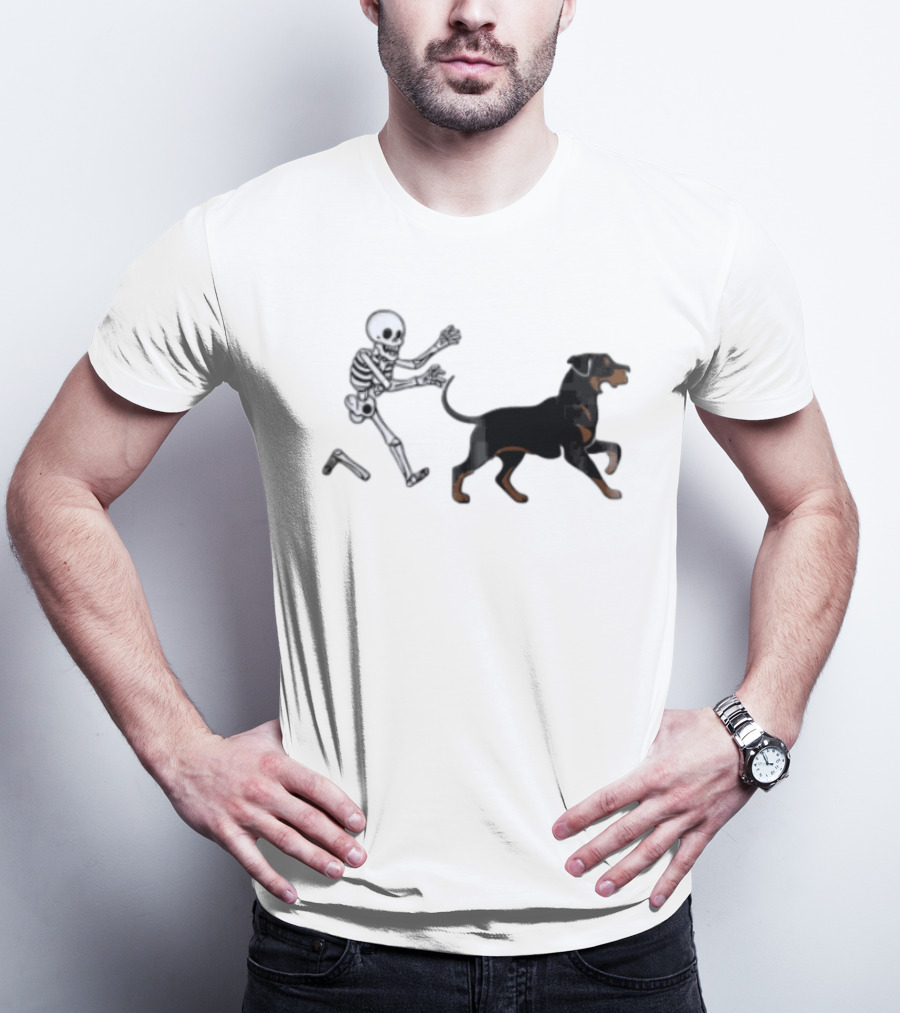 Skeleton Chasing Rottweiler With Bone In Halloween Humor Scene T-Shirt