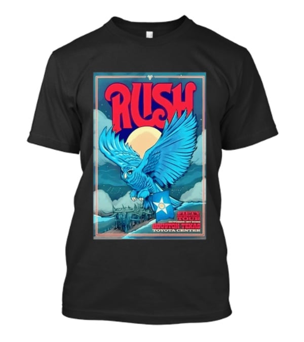 Rush Fifty Something Tour Houston Texas October 1st 2026 Toyota Center Blue Owl Moon Mountain Scene T-Shirt