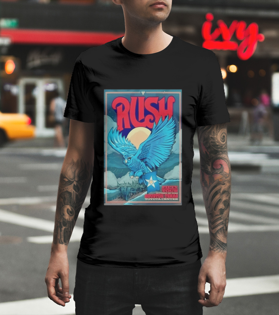 Rush Fifty Something Tour Houston Texas October 1st 2026 Toyota Center Blue Owl Moon Mountain Scene T-Shirt