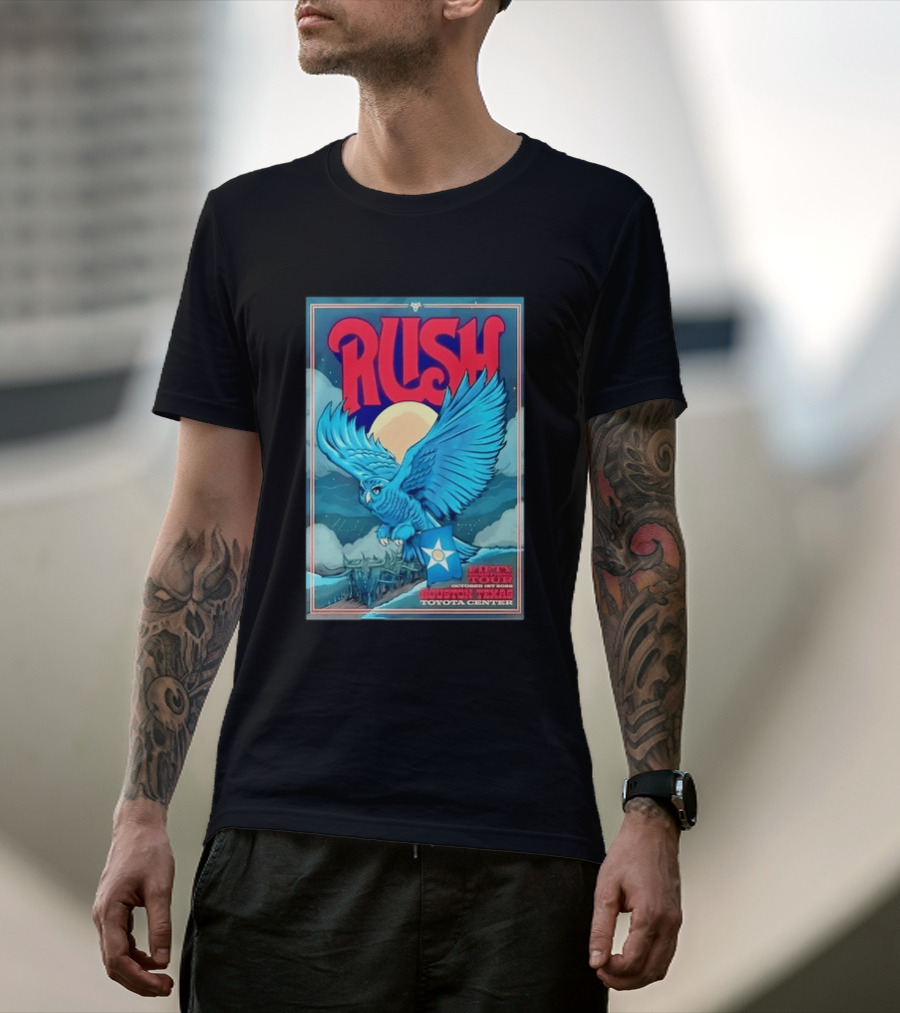 Rush Fifty Something Tour Houston Texas October 1st 2026 Toyota Center Blue Owl Moon Mountain Scene T-Shirt