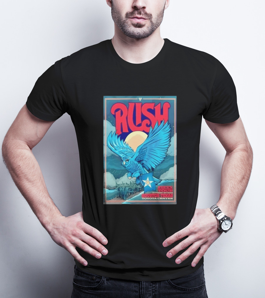 Rush Fifty Something Tour Houston Texas October 1st 2026 Toyota Center Blue Owl Moon Mountain Scene T-Shirt