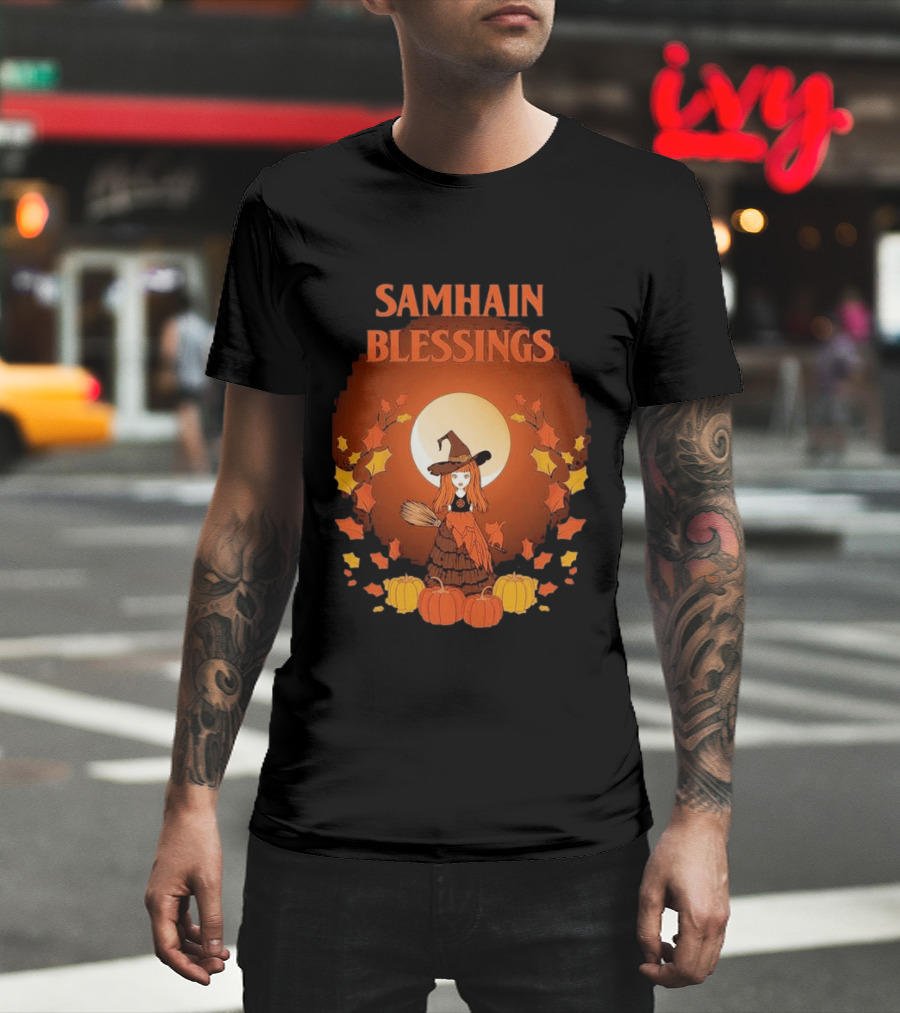 Samhain Blessings Little Witch And Pumpkin Magic Halloween T-Shirt