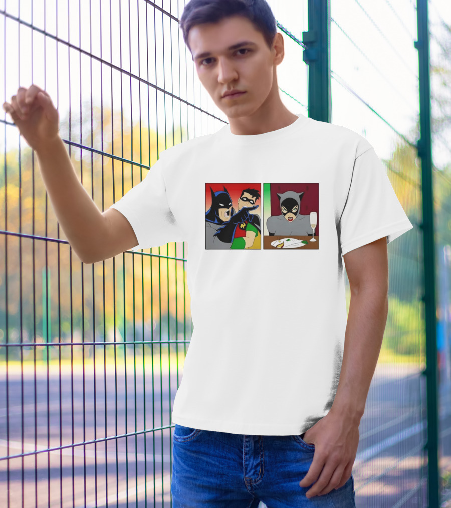 Batman Robin Yelling At Catwoman Meme Panel With Fish Plate And Wine Glass T-Shirt