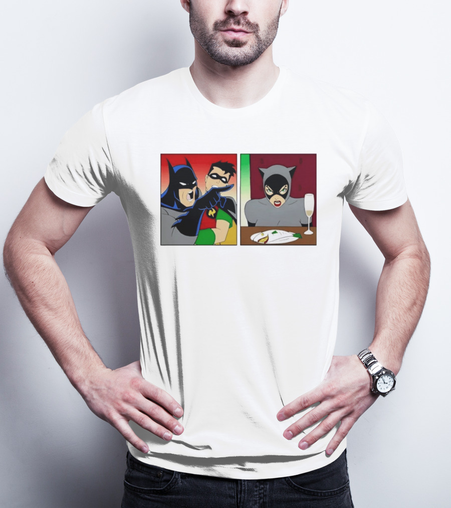 Batman Robin Yelling At Catwoman Meme Panel With Fish Plate And Wine Glass T-Shirt