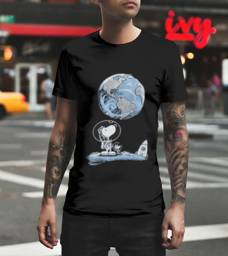 Snoopy And Woodstock Astronauts So Far Away With Earth And Rocket T-Shirt