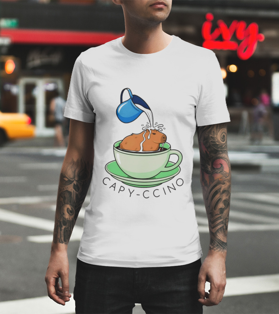 Capybara Coffee Capy Ccino In A Cup With Cappuccino Pouring Scene T-Shirt