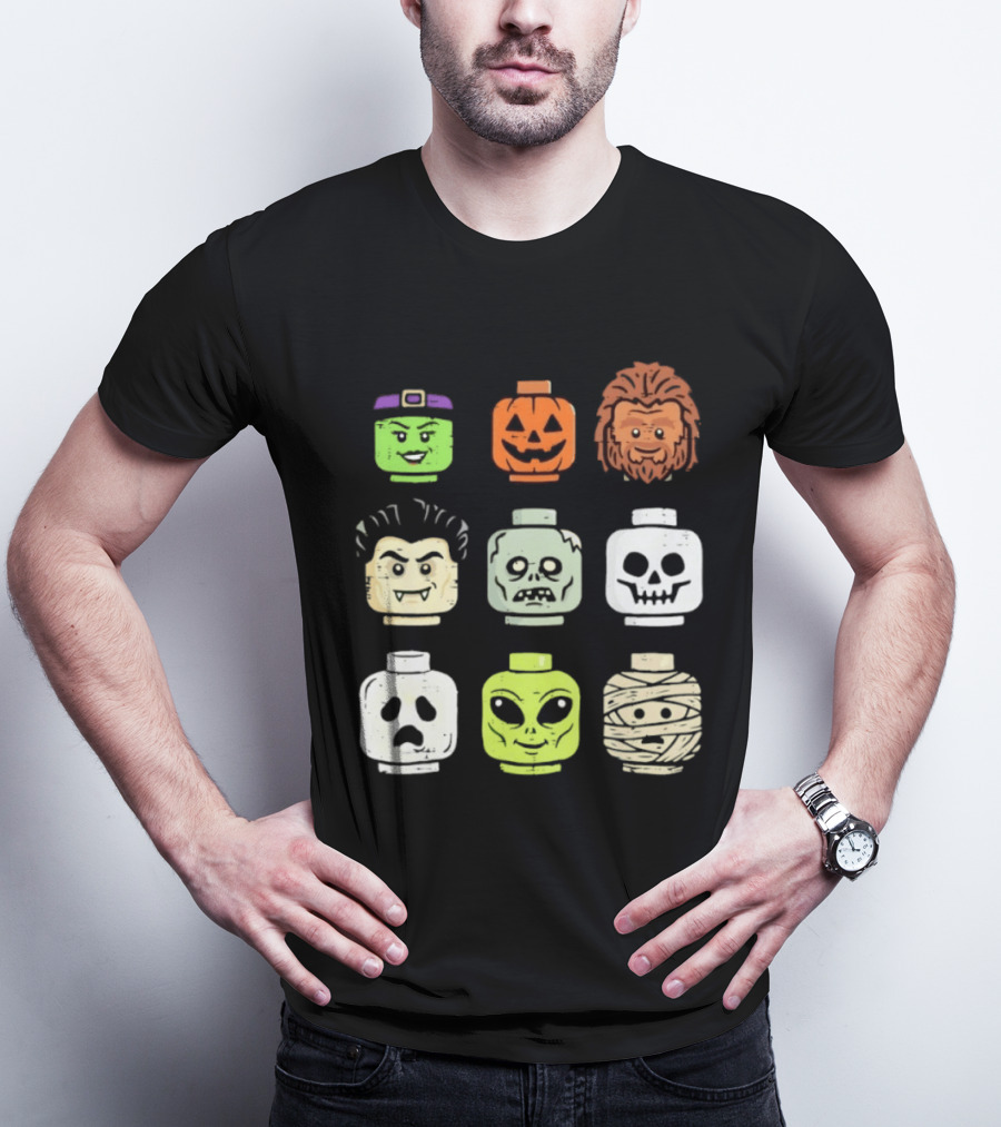 Distressed Halloween Minifigure Frankenstein Pumpkin Werewolf Dracula Zombie Ghost Alien Mummy Heads Collection T-Shirt