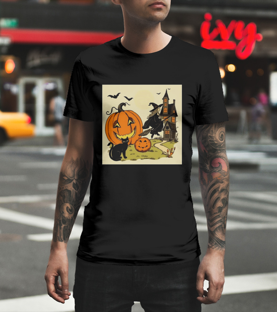 Spooktacular Halloween Black Cat Witch Pumpkin Haunted House T-Shirt