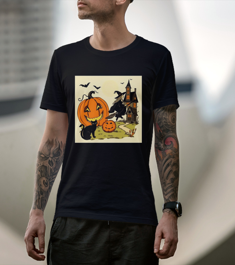 Spooktacular Halloween Black Cat Witch Pumpkin Haunted House T-Shirt