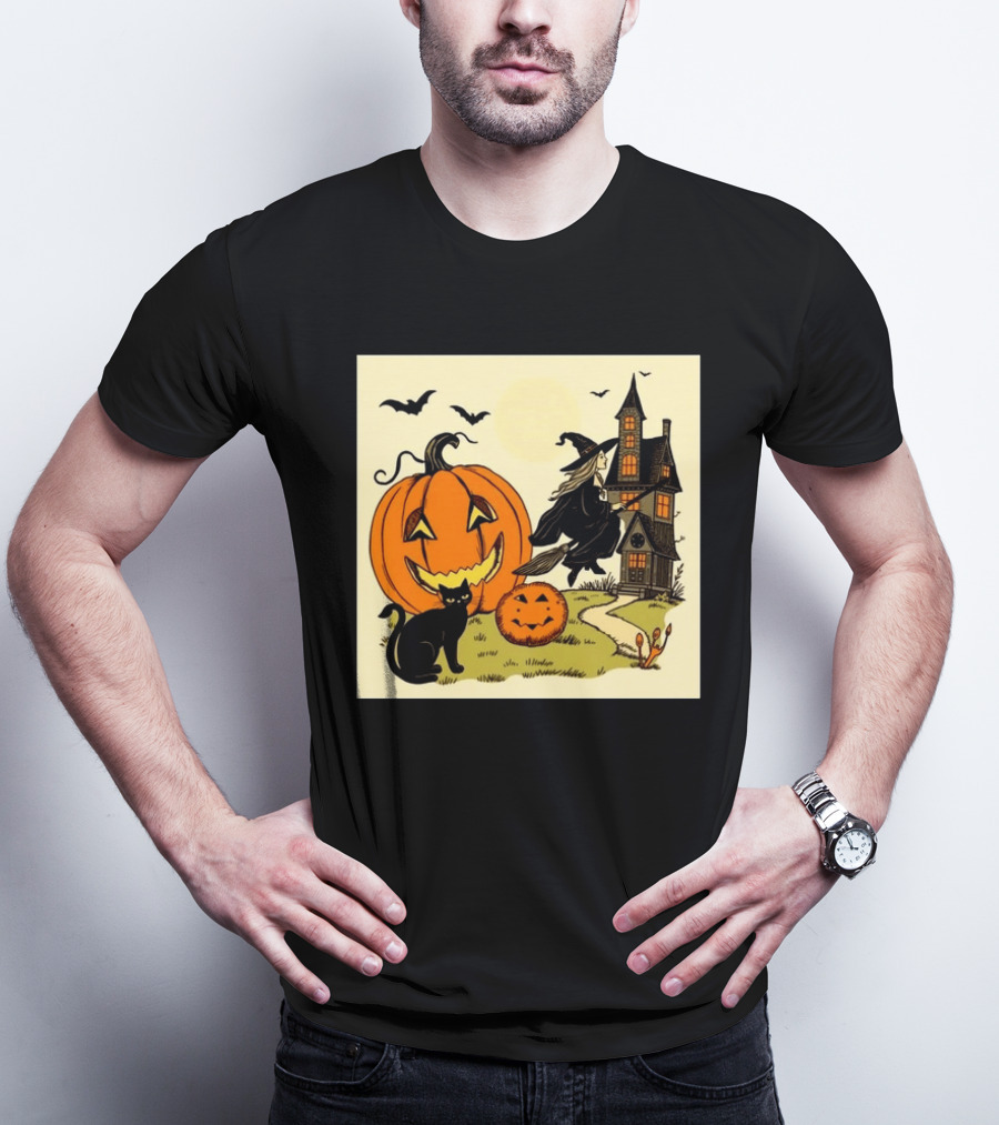 Spooktacular Halloween Black Cat Witch Pumpkin Haunted House T-Shirt