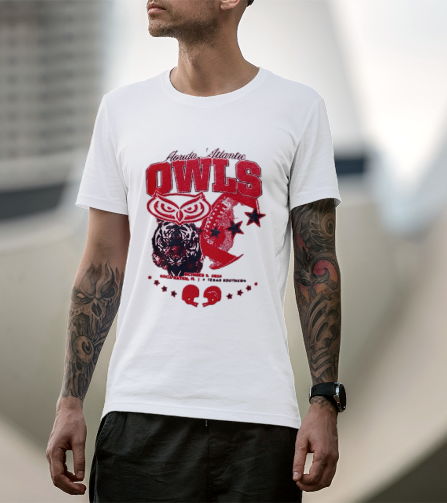 Florida Atlantic Owls Boca Raton Texas Southern 2026 Football Tiger Art Stars Red T-Shirt