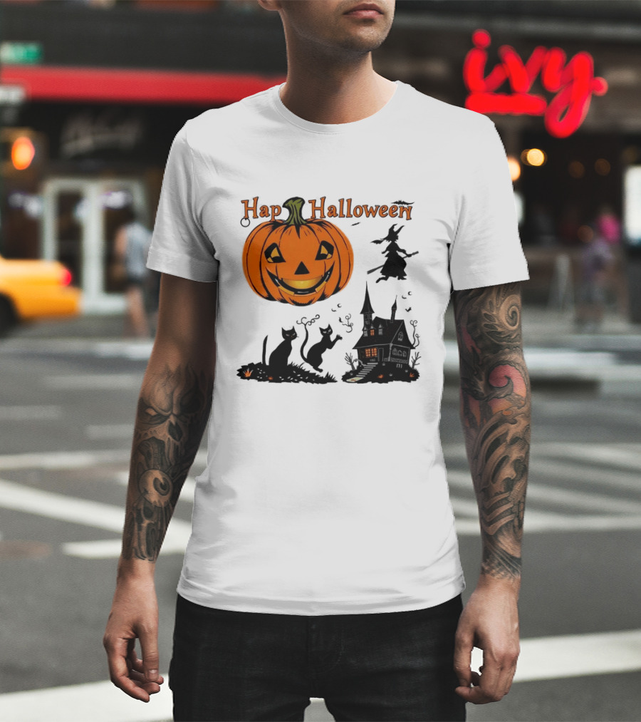 Happy Halloween Pumpkin Black Cats Witch Haunted House T-Shirt