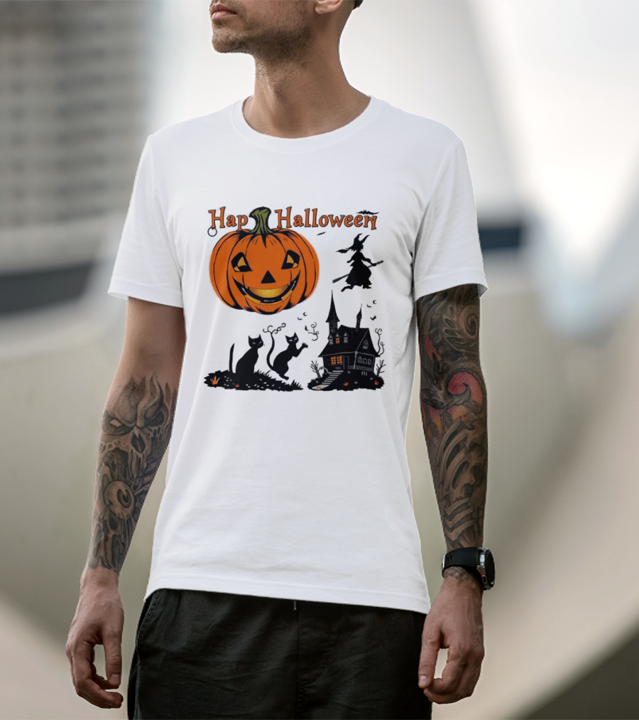 Happy Halloween Pumpkin Black Cats Witch Haunted House T-Shirt
