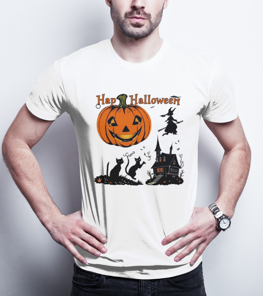 Happy Halloween Pumpkin Black Cats Witch Haunted House T-Shirt