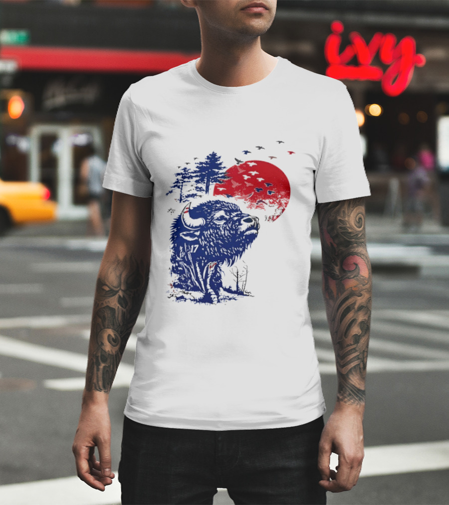 Buffalo Bills 17 Bison Sunset With Trees And Red Sun T-Shirt