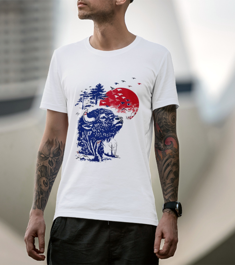 Buffalo Bills 17 Bison Sunset With Trees And Red Sun T-Shirt
