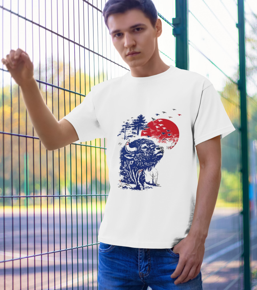 Buffalo Bills 17 Bison Sunset With Trees And Red Sun T-Shirt