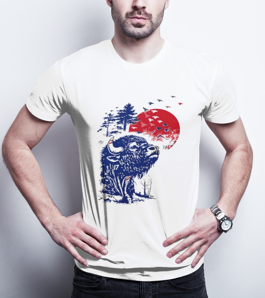 Buffalo Bills 17 Bison Sunset With Trees And Red Sun T-Shirt