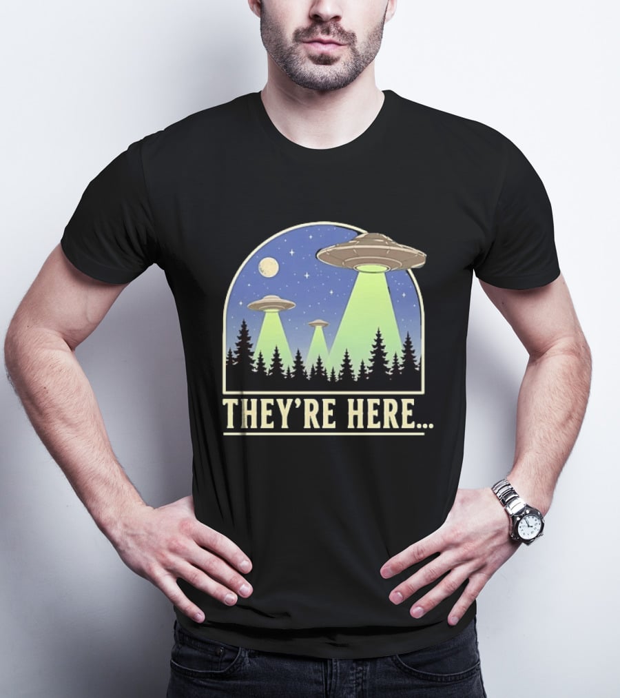 They're Here UFO Alien Abduction Night Forest Scene T-Shirt