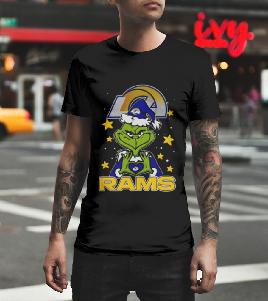 Los Angeles Rams Grinch Santa Hat Christmas Cartoon Fan Gear T-Shirt