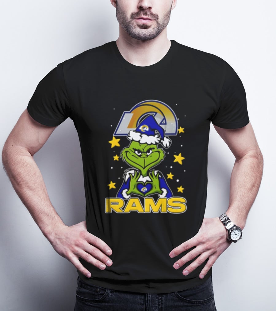 Los Angeles Rams Grinch Santa Hat Christmas Cartoon Fan Gear T-Shirt