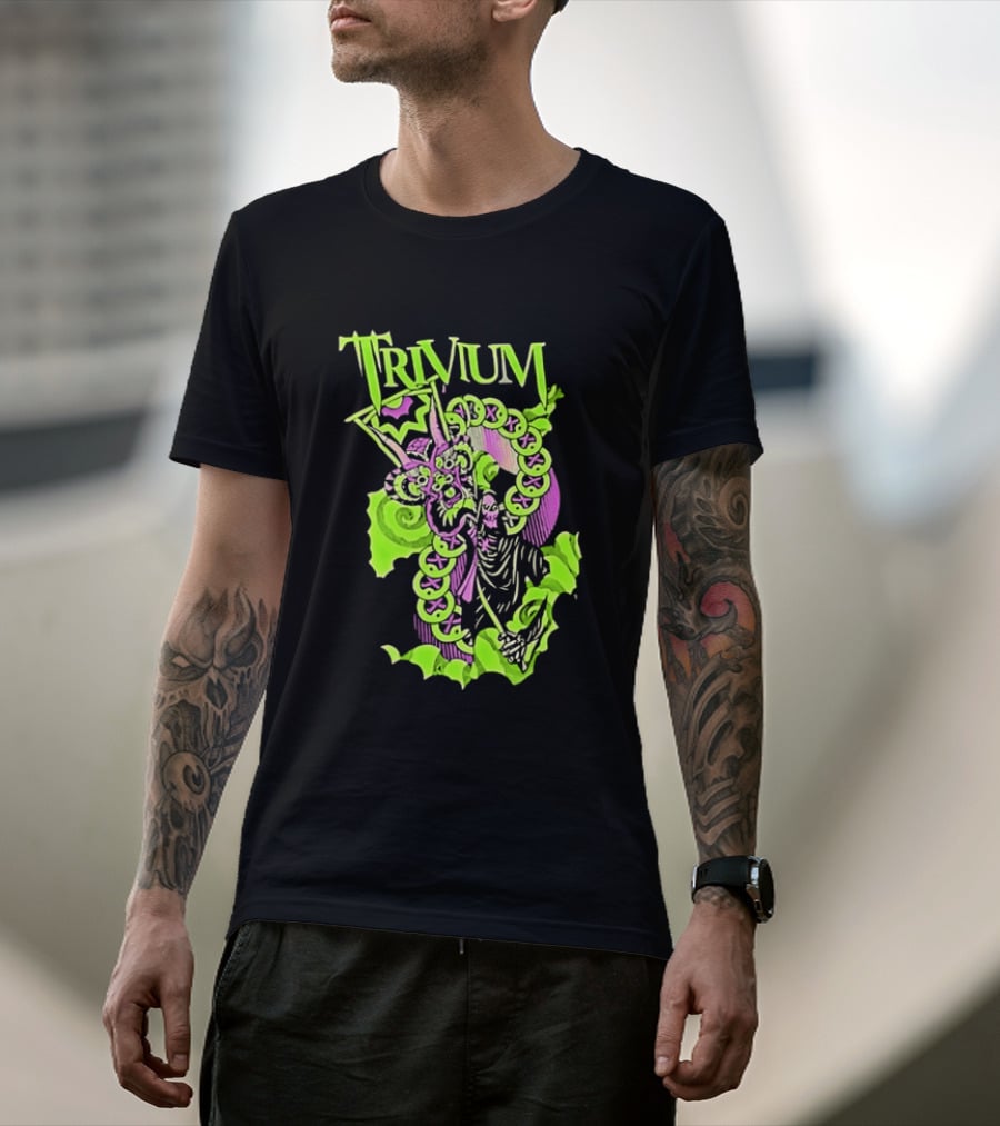 Trivium Dragon And Grim Reaper Heavy Metal Neon Green Purple T-Shirt
