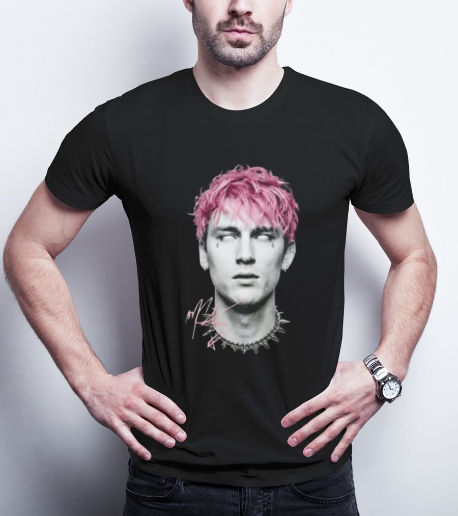Machine Gun Kelly Pink Hair Spiked Choker Monochrome Signature T-Shirt