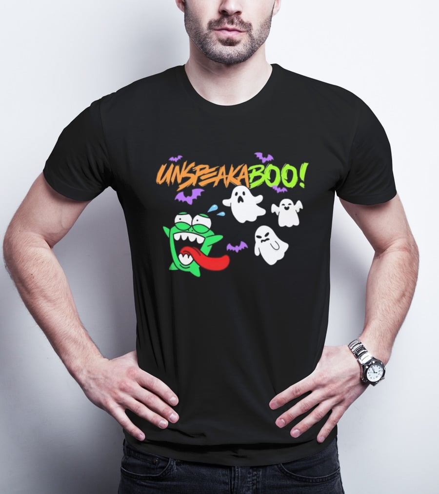 Unspeakaboo Halloween Ghosts With Green Monster And Purple Bats T-Shirt