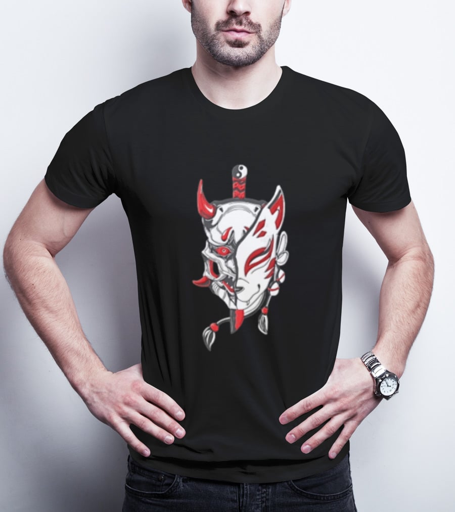 Oni Kitsune Mask Split Samurai Katana Fusion T-Shirt