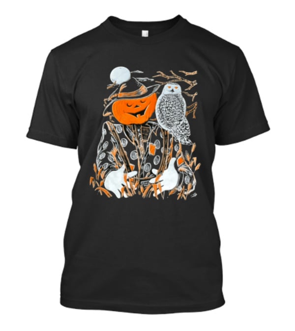 Pumpkin Head Scarecrow Snowy Owl Halloween Scene T-Shirt