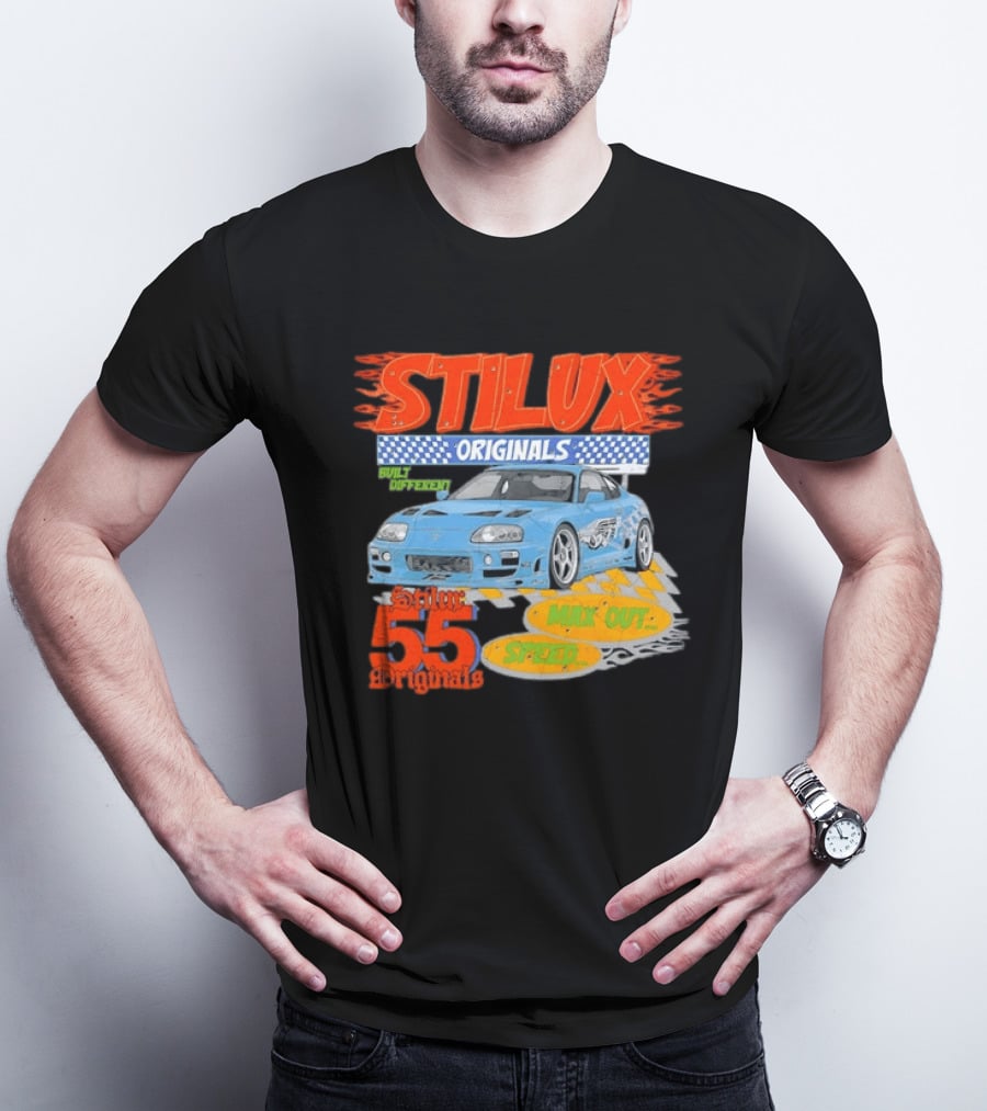 Stilux Originals Built Different Max Out Speed 55 Light Blue Sports Car Racing T-Shirt