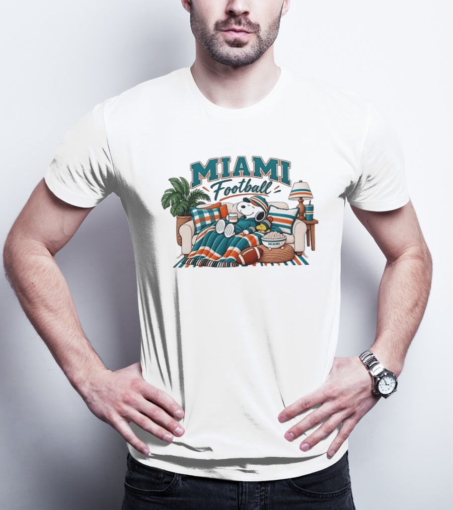 Miami Dolphins Snoopy Woodstock Couch With Miami Football T-Shirt