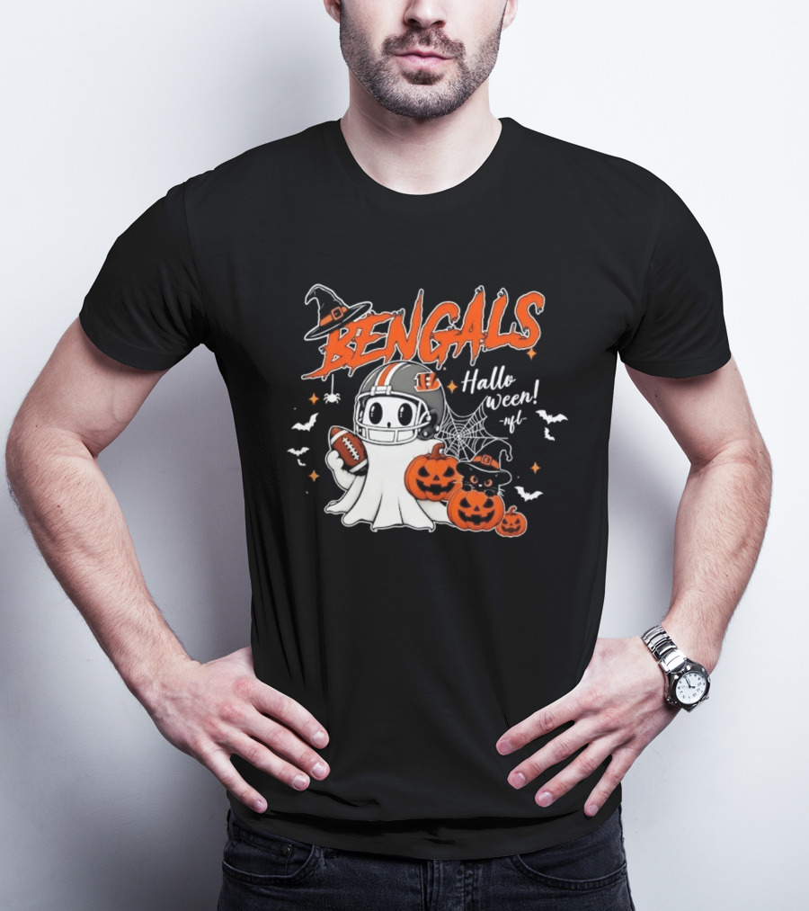 Bengals Halloween Ghost Football Pumpkin Helmets Spooky Scene T-Shirt