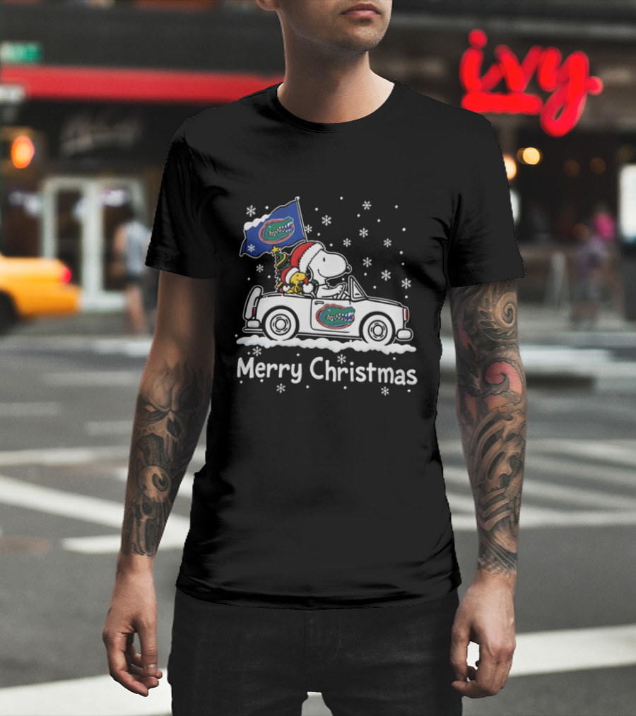 Florida Gators Snoopy Woodstock Driving Car Merry Christmas 2026 Snowflakes T-Shirt