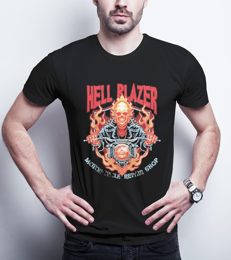 Hell Blazer Motorcycle Repair Shop Fiery Skull And Flames T-Shirt