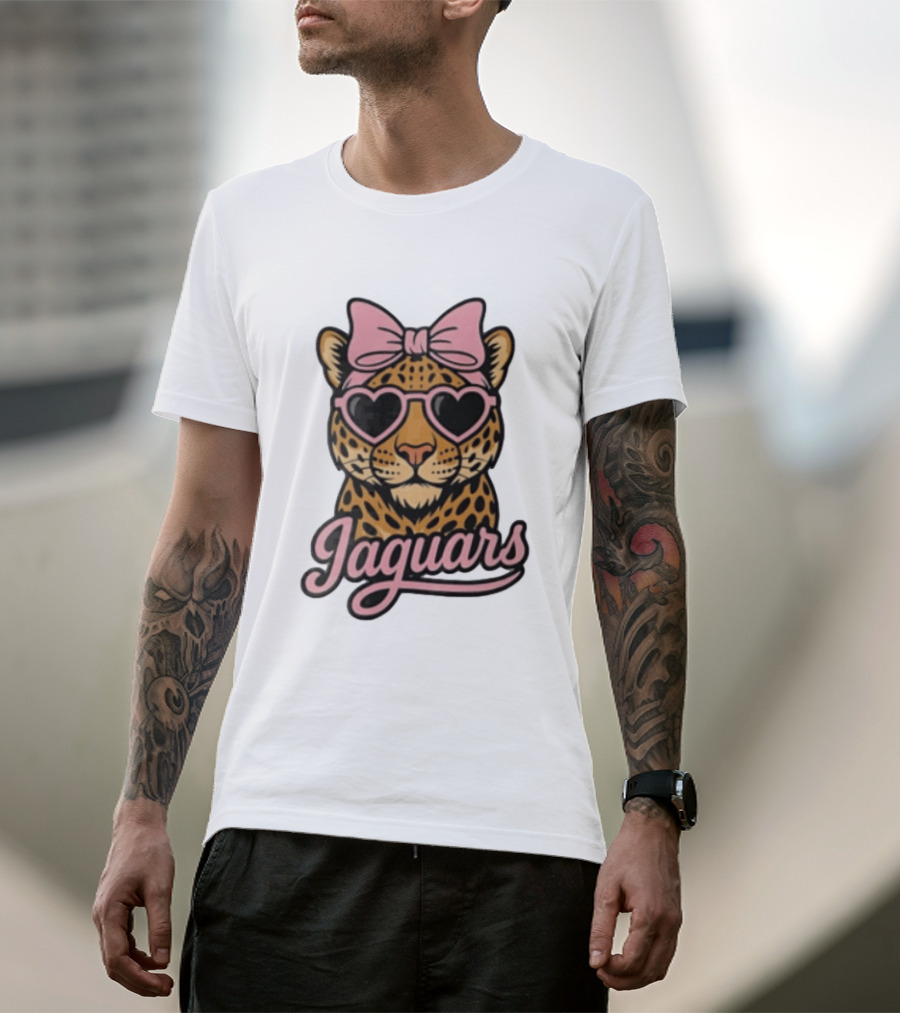 Jacksonville Jaguars Leopard Pink Bow Heart Sunglasses T-Shirt